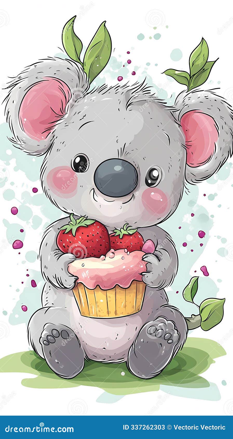 A Cute Koala Holding Strawberries and a Cupcake, Surrounded by Colorful ...