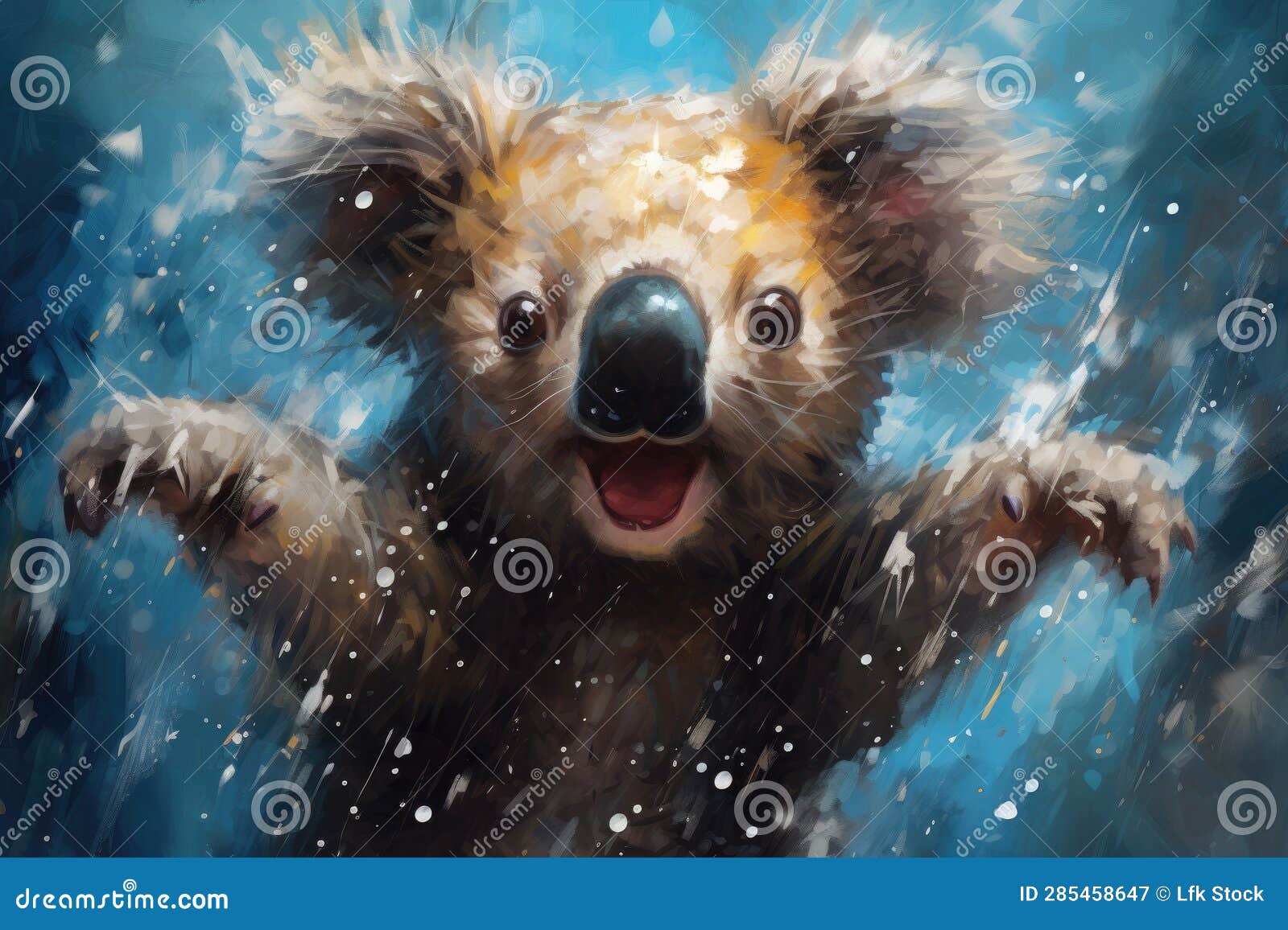 Cute Koala Image Created with Splash Concept on a Blue Background Stock ...