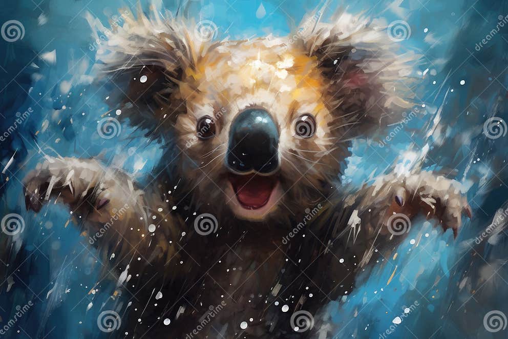 Cute Koala Image Created with Splash Concept on a Blue Background Stock ...