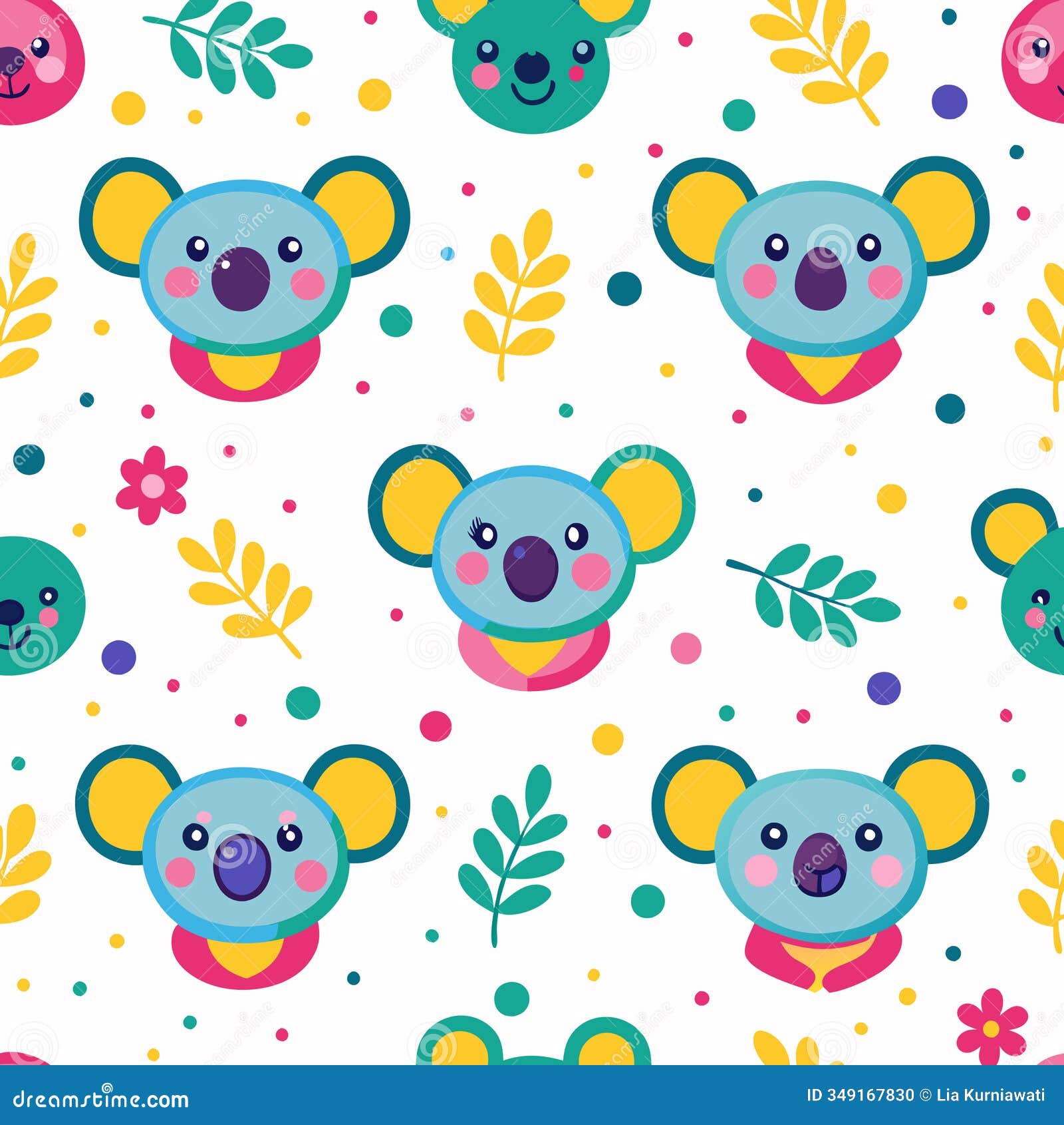 Cute Koala Seamless Pattern with Colorful Flowers and Leaves on White ...