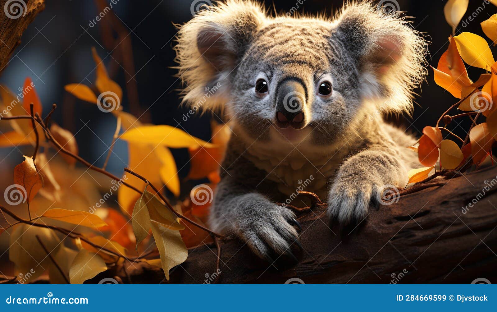 Cute Koala Sitting on Branch, Looking at Camera in Forest Generated by AI Stock Illustration ...