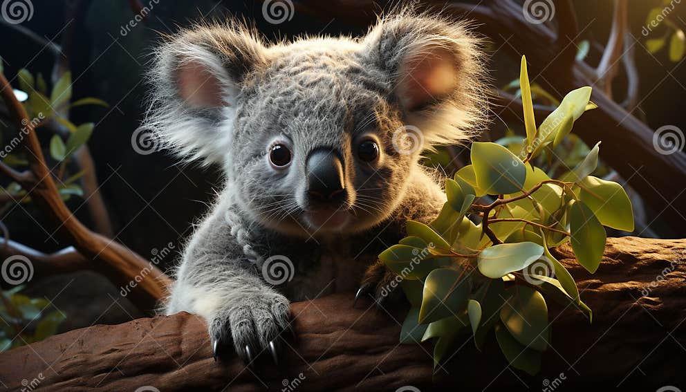 Cute Koala Sitting on Branch, Looking at Camera in Forest Generated by AI Stock Illustration ...