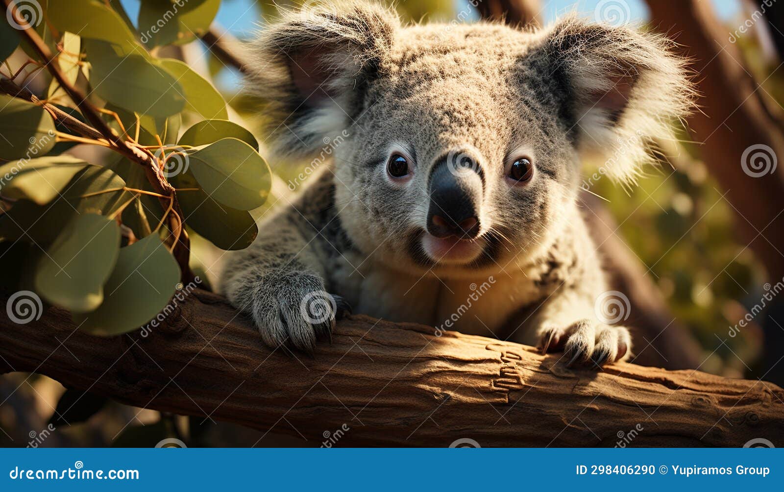 Cute Koala Sitting on Branch, Looking at Camera in Forest Generated by AI Stock Illustration ...