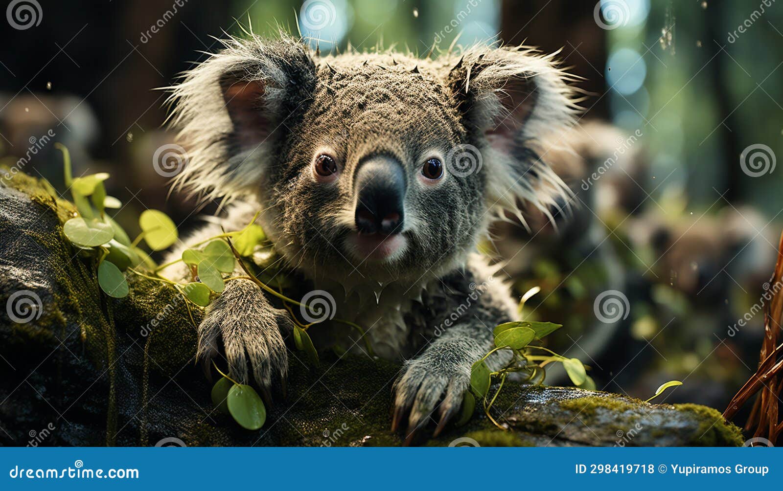 Cute Koala Sitting on Branch, Looking at Camera in Forest Generated by AI Stock Illustration ...