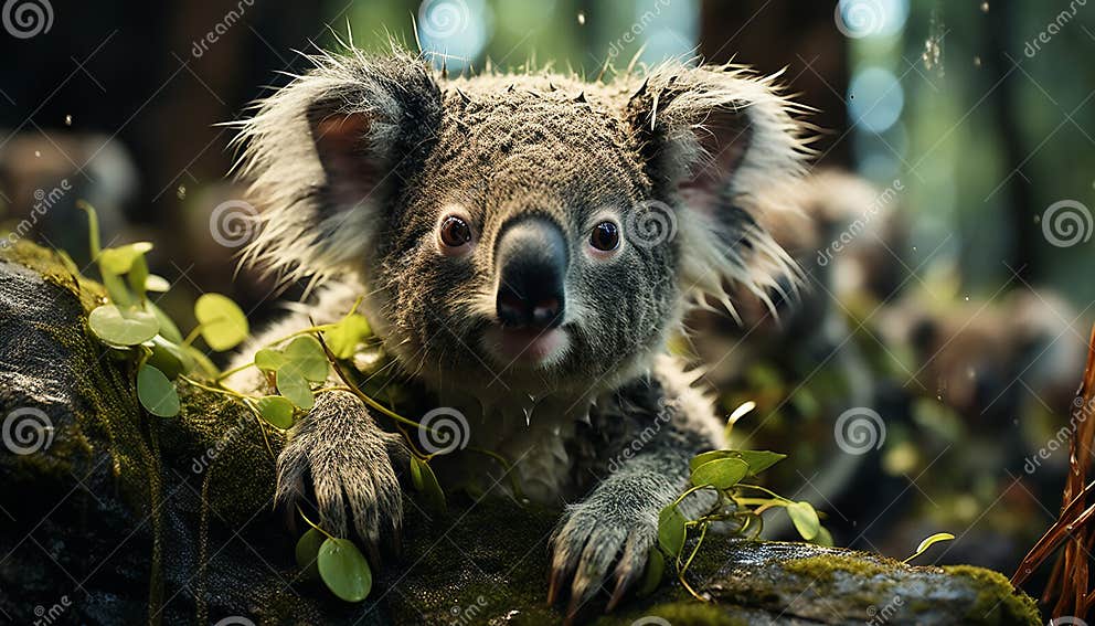 Cute Koala Sitting on Branch, Looking at Camera in Forest Generated by ...