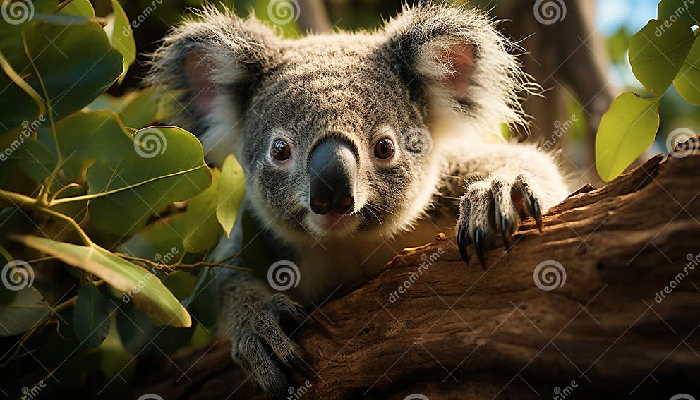 Cute Koala Sitting on a Branch, Looking at the Camera Generated by AI Stock Image - Image of ...