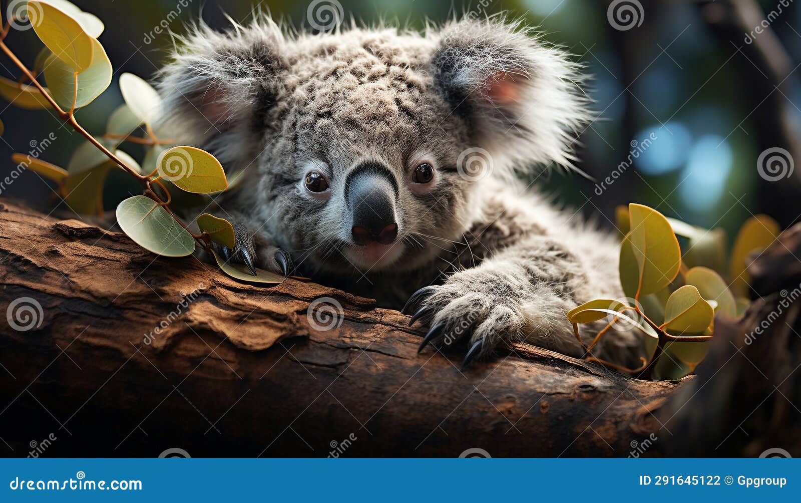 Cute Koala Sitting on Branch, Looking at Camera Generated by AI Stock Photo - Image of fluffy ...