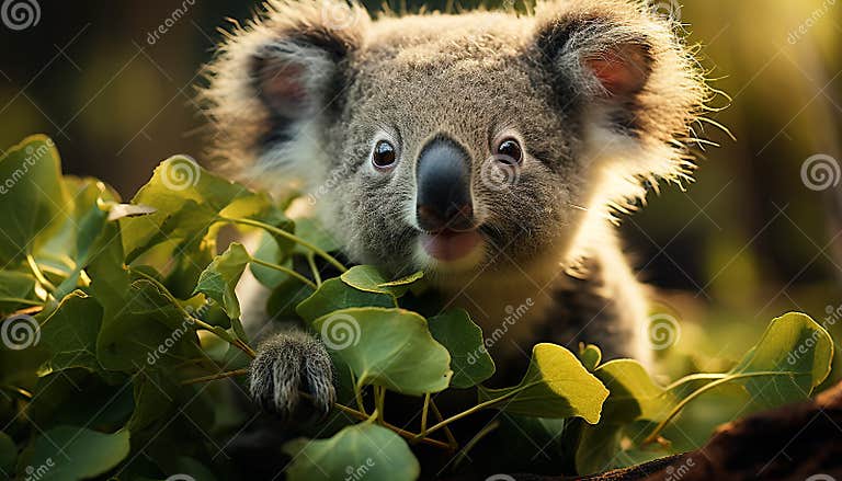 Cute Koala Sitting on Branch, Looking at Camera in Nature Generated by ...