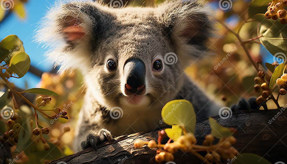 Cute Koala Sitting on Branch, Looking at Camera in Nature Generated by ...