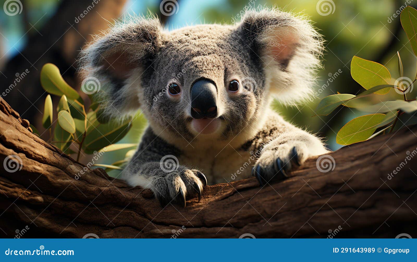 Cute Koala Sitting on Eucalyptus Branch, Looking at Camera Generated by ...