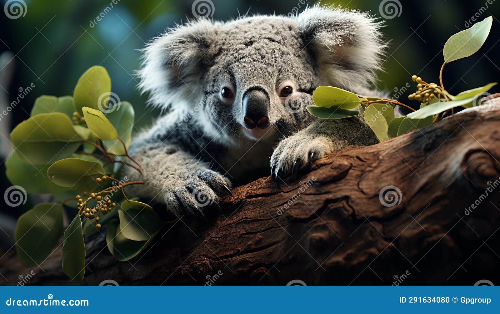 Cute Koala Sitting on Eucalyptus Tree, Eyes Closed, Peaceful Generated ...