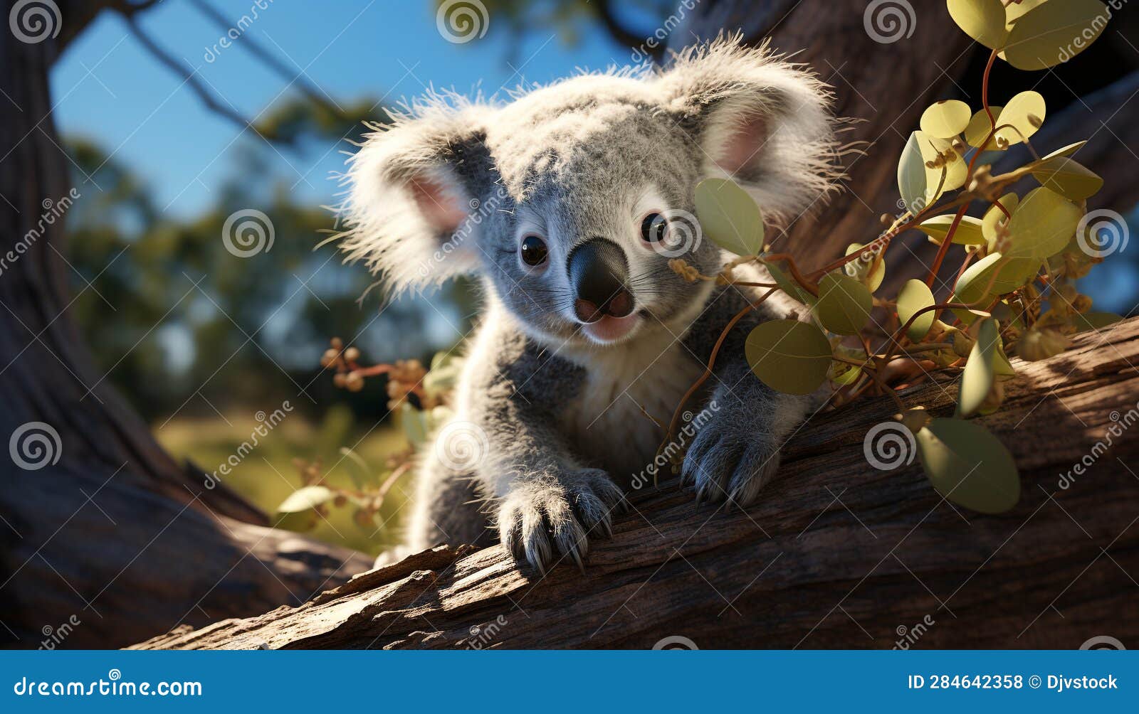 Cute Koala Sitting on a Tree Branch, Looking at Camera Generated by AI Stock Illustration ...
