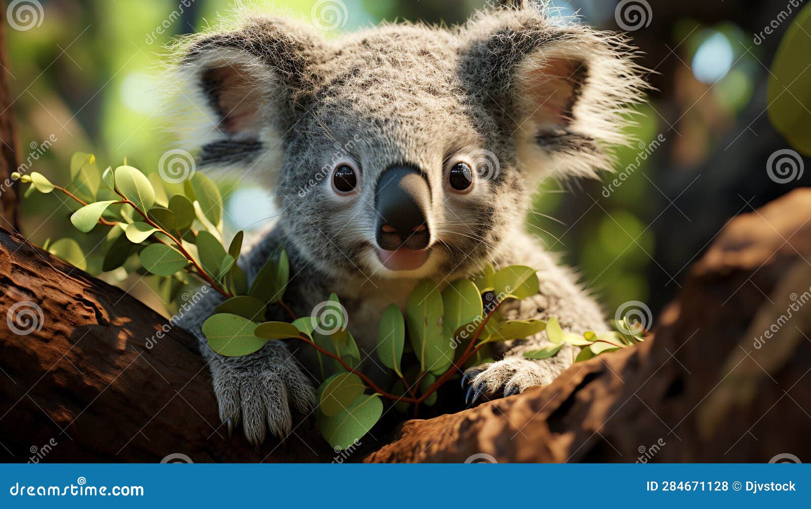 Cute Koala Sitting on a Tree Branch, Looking at Camera Generated by AI Stock Illustration ...