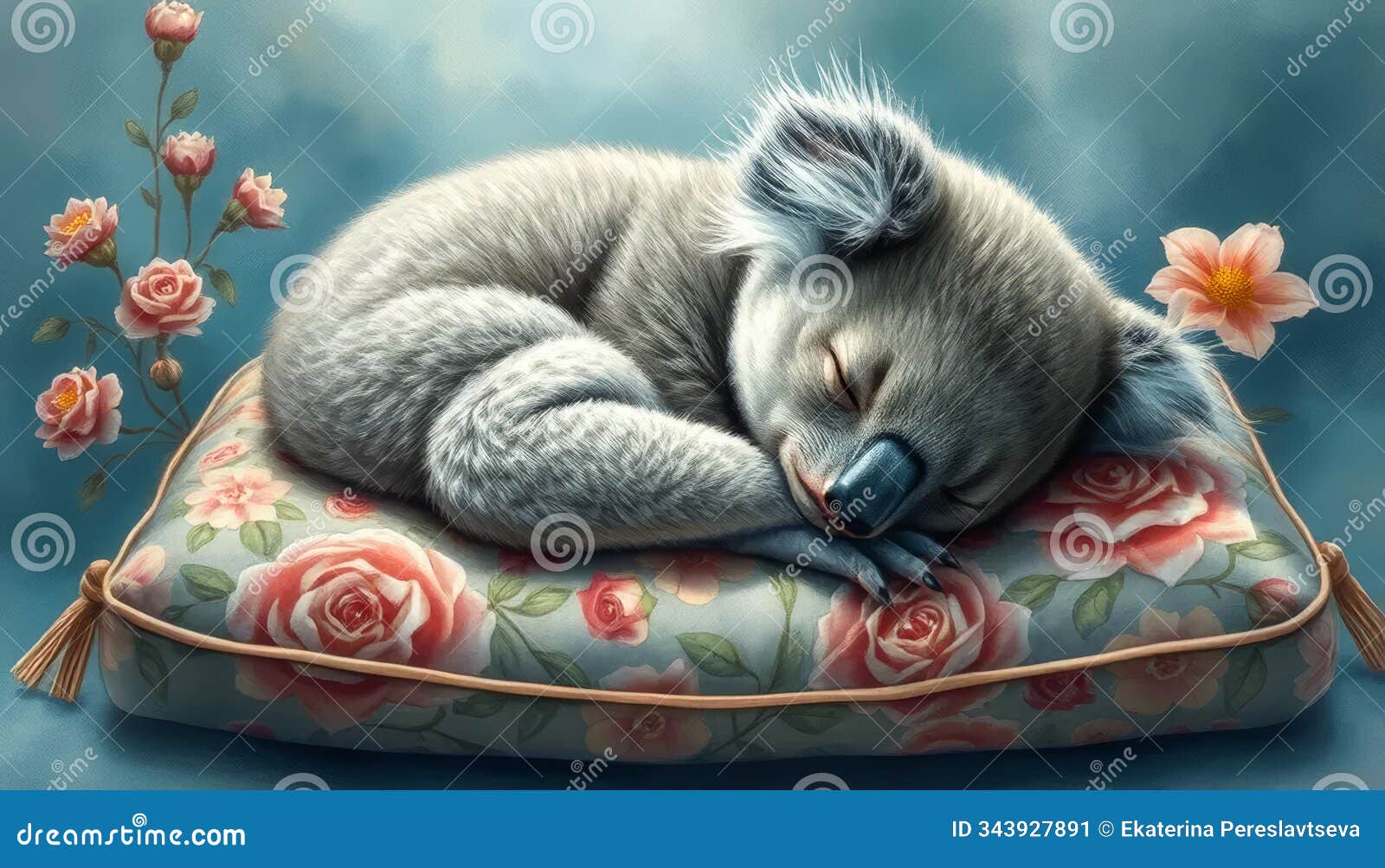 Cute Koala is Sleeping on a Bed with a Floral Pattern Stock Image ...