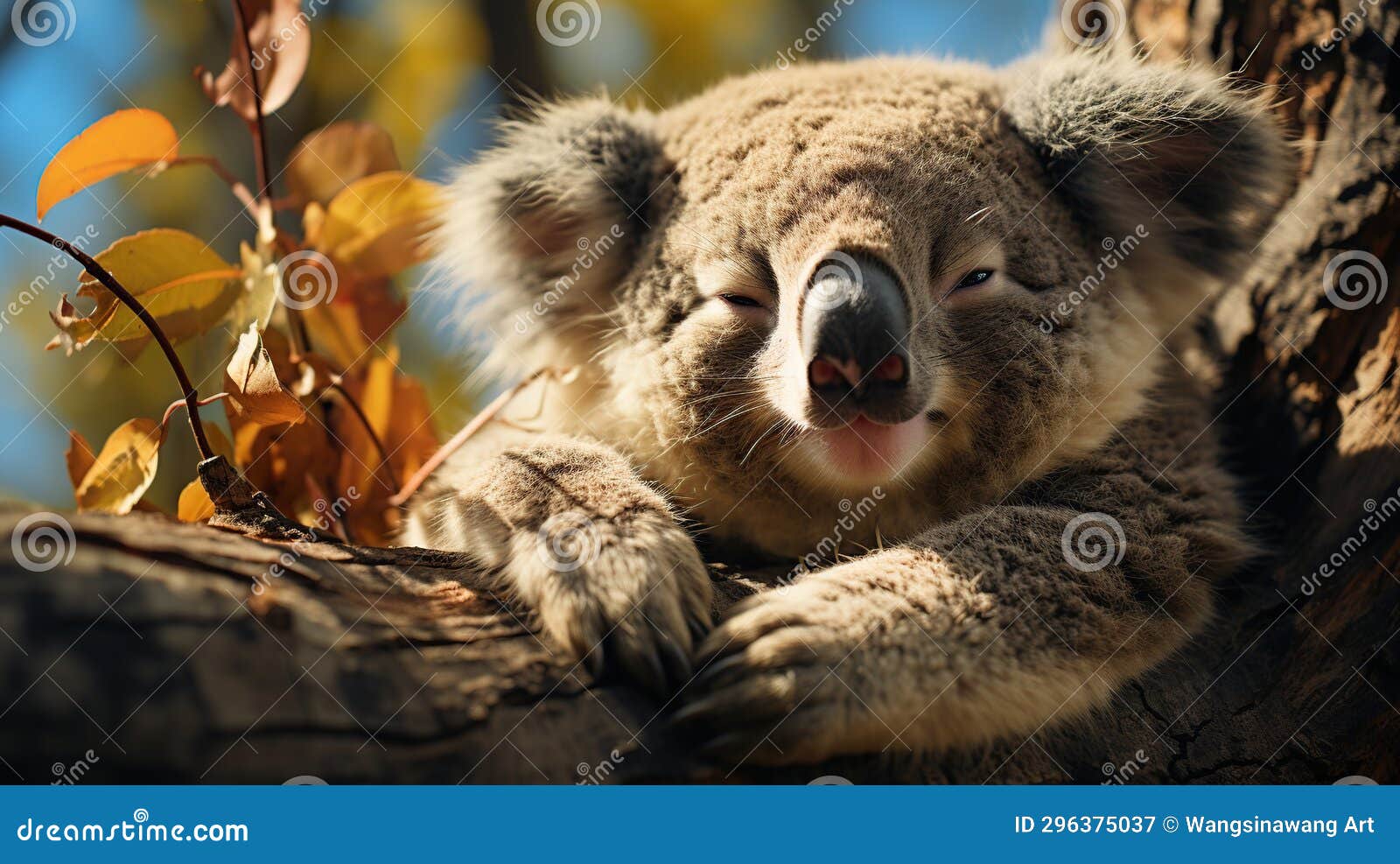 Cute Koala Sleeping on Eucalyptus Branch in Autumn Stock Illustration ...