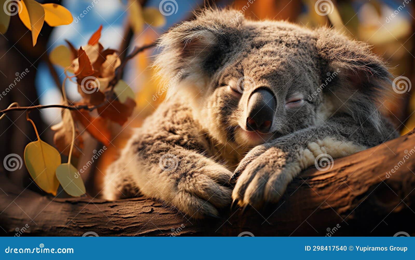 Cute Koala Sleeping on Eucalyptus Branch, Peaceful and Fluffy Generated ...