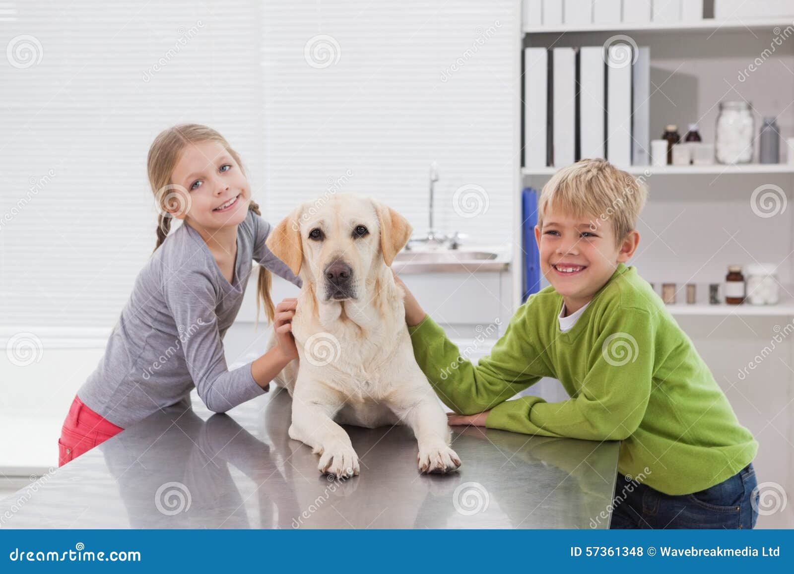 Cute Labrador with Its Happy Owners Stock Photo - Image of petting ...