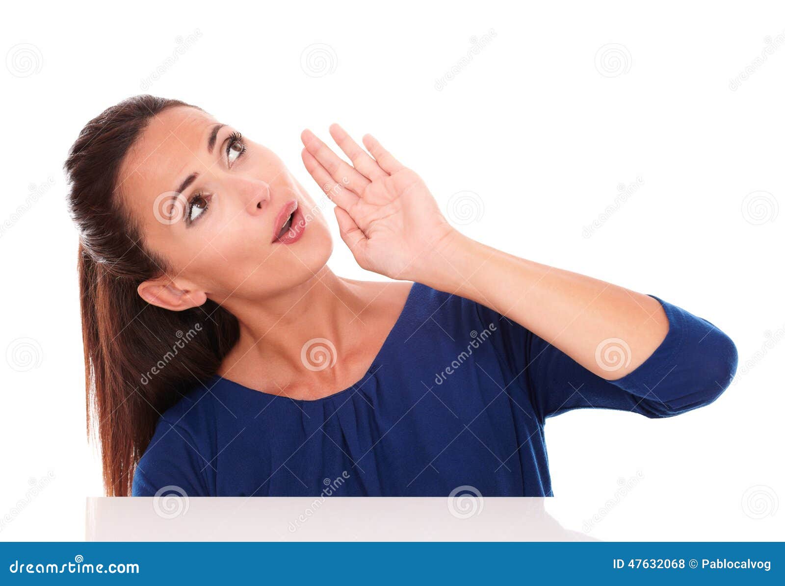 Cute Lady in Blue Shirt Looking Up while Speaking Stock Photo - Image ...