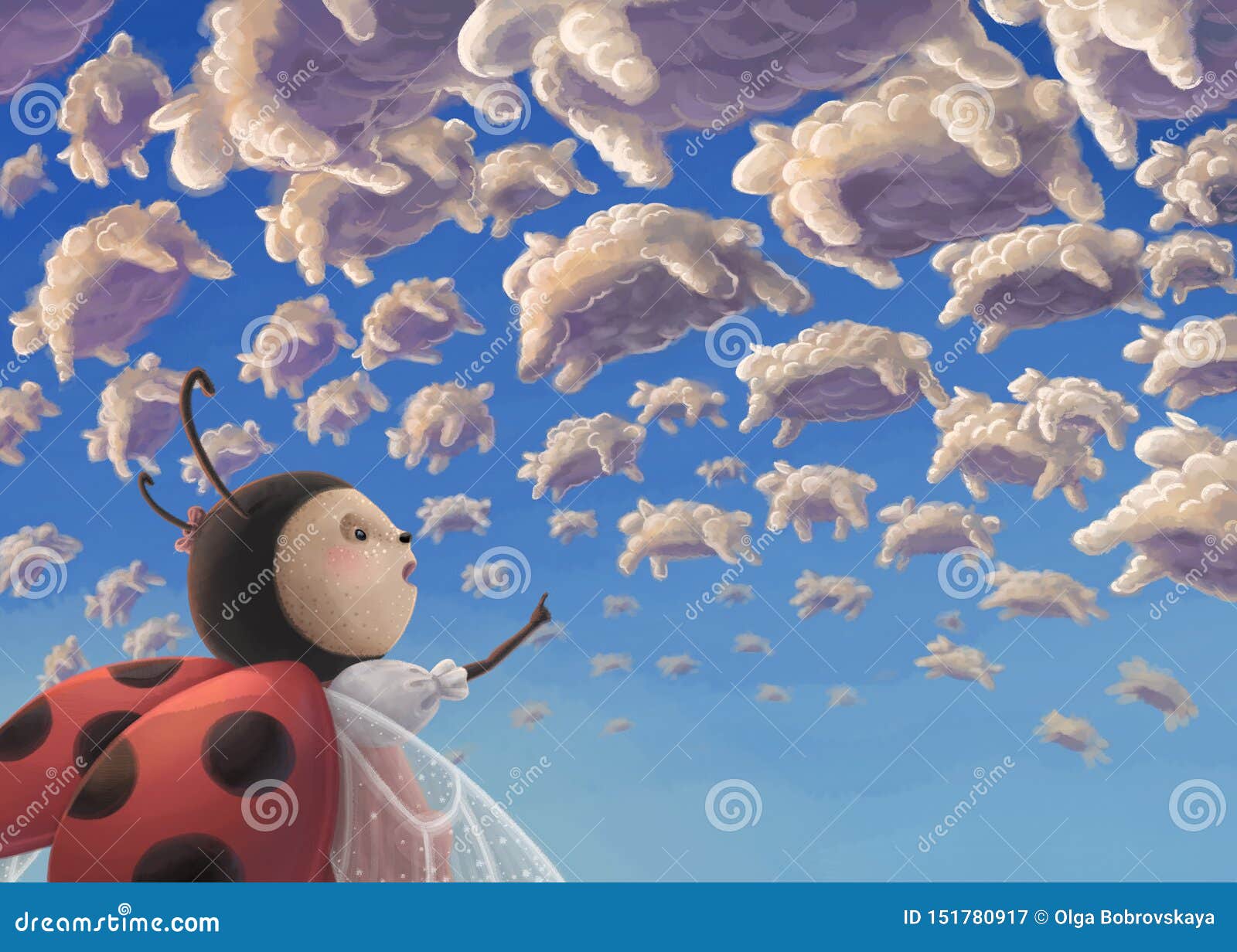 Cute Ladybug Counting Sheep Clouds before To Sleep Stock Illustration ...