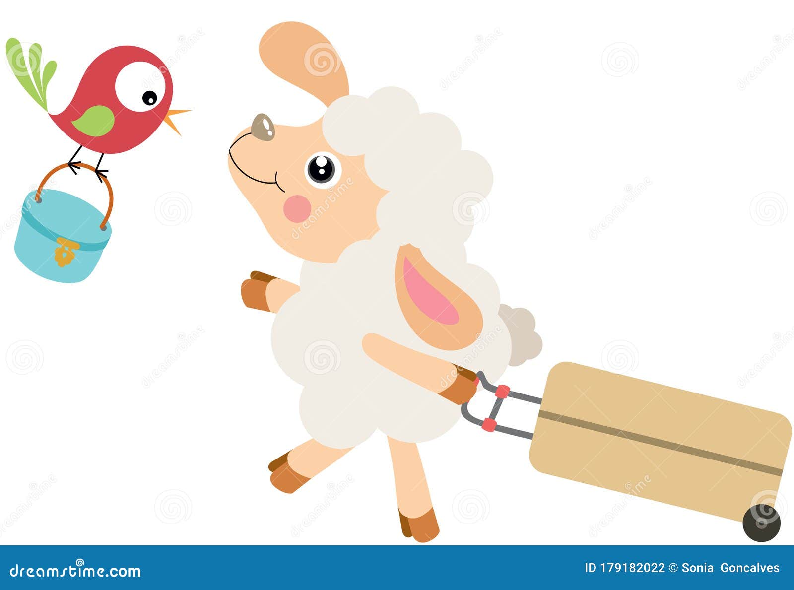 Cute Lamb and Bird Pulling Baggage Suitcase Travel Stock Vector ...