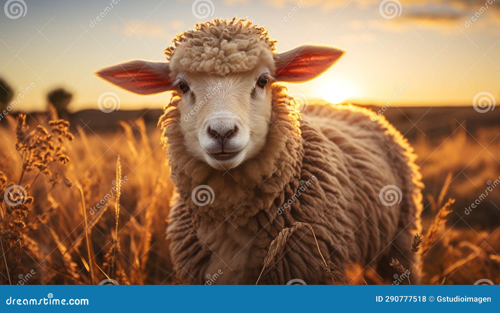 Cute Lamb Grazing on a Meadow at Sunset Generated by AI Stock Photo ...