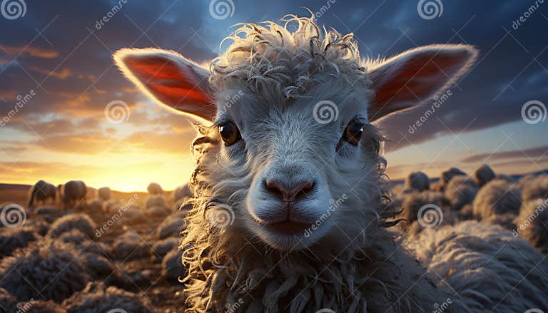 Cute Lamb Looking at Camera in Beautiful Sunset Meadow Generated by AI ...