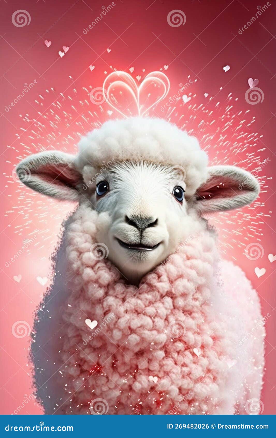 Cute Lamb in Love in Firework Hearts on Pink Background.Realistic ...