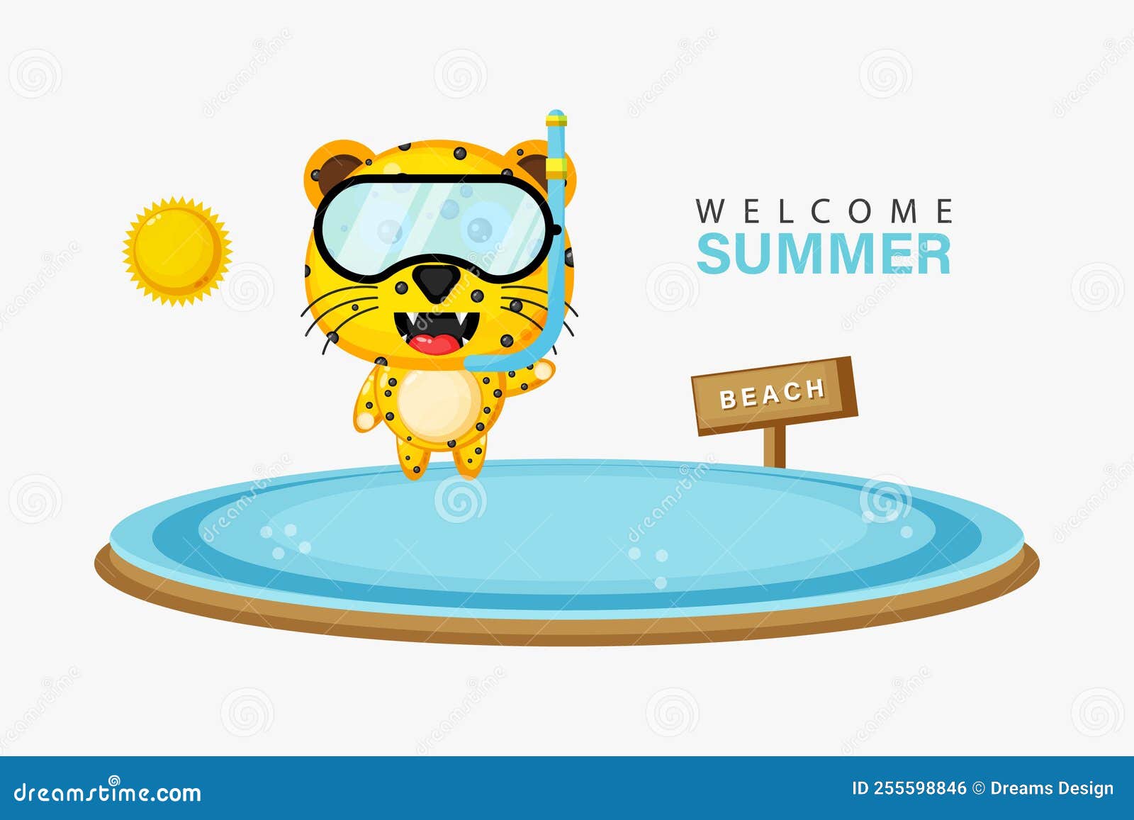 Cute Leopard Swimming on the Beach with Summer Greetings Stock Vector ...