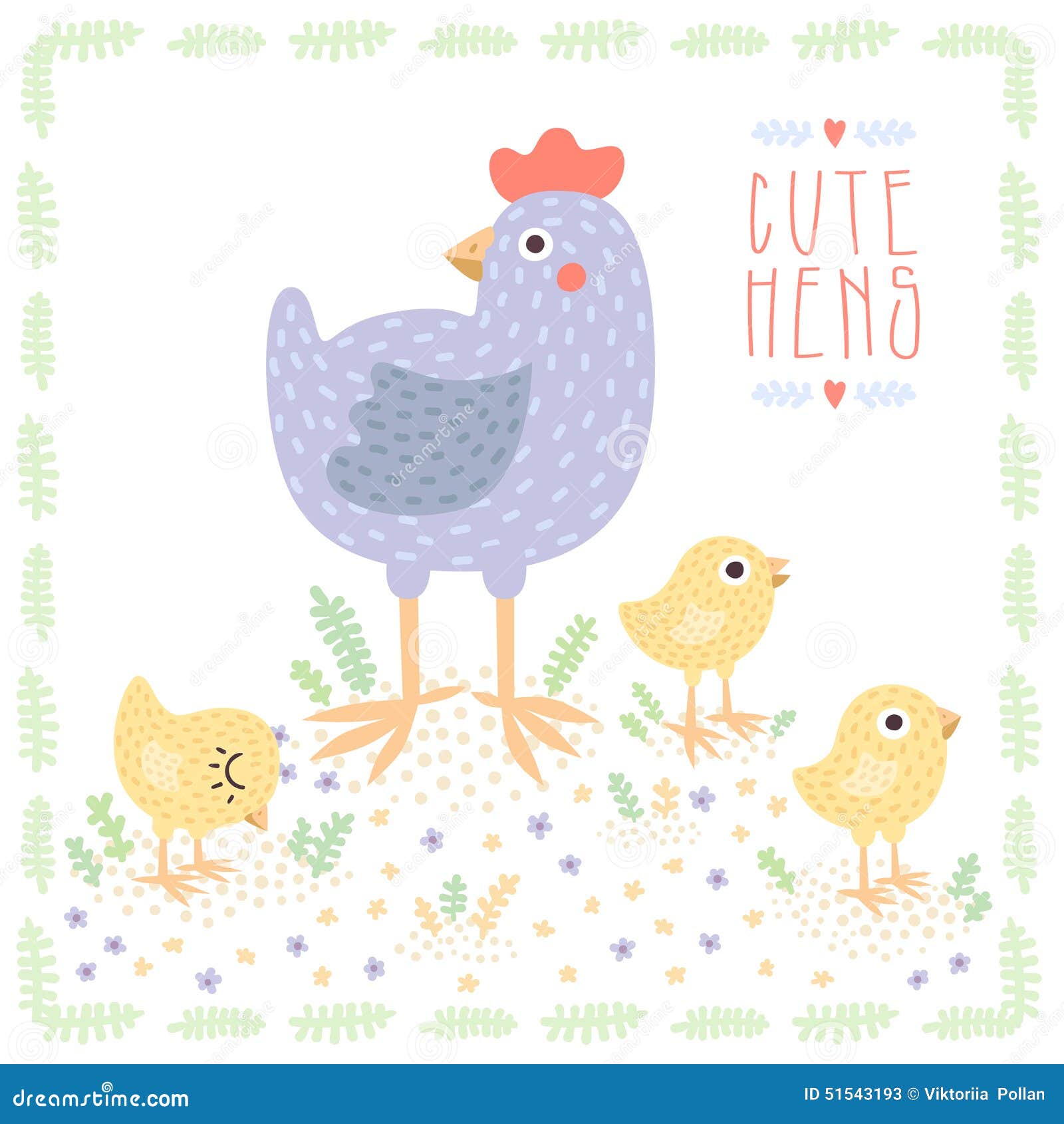Cute Light Blue Hen with Baby Chickens Vector Background Stock Vector ...