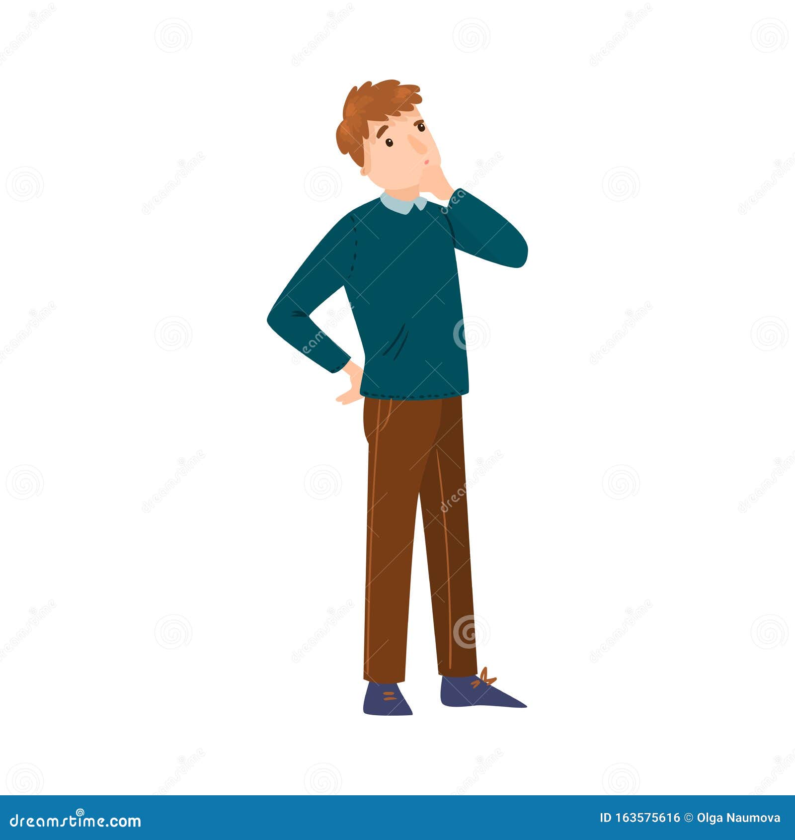 The Cute Light-haired Man Standing in Brown Pants Thinking of Something ...