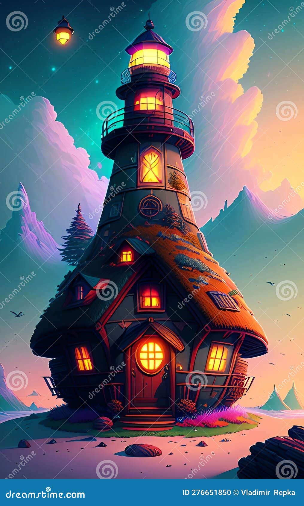 Cute Lighthouse On Christmas Half Moon Cartoon Vector | CartoonDealer ...