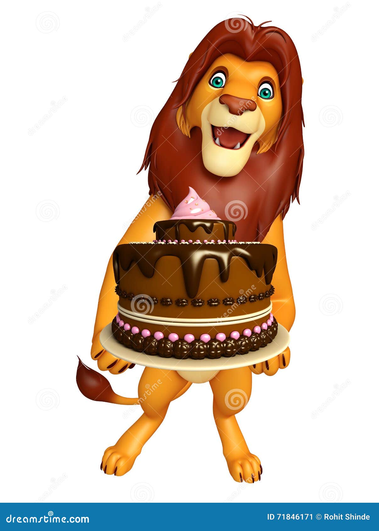 Cute Lion Cartoon Character with Cake Stock Illustration - Illustration ...
