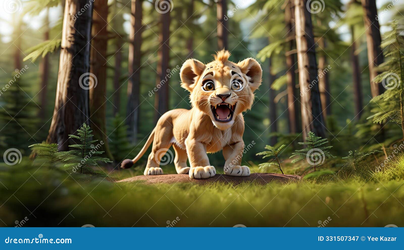 Cute Lion Cub Roaring in Forest. Stock Illustration - Illustration of ...