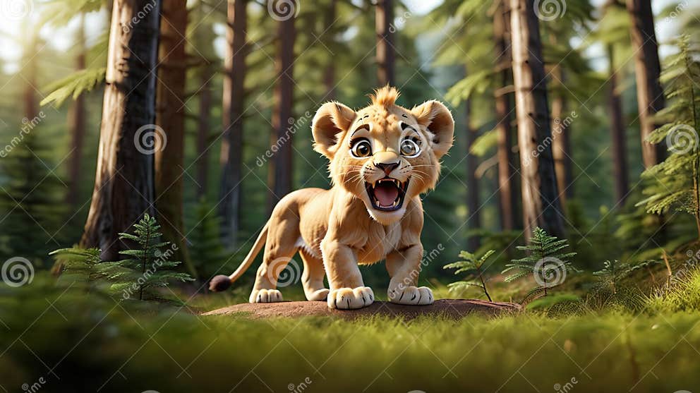 Cute Lion Cub Roaring in Forest. Stock Illustration - Illustration of ...