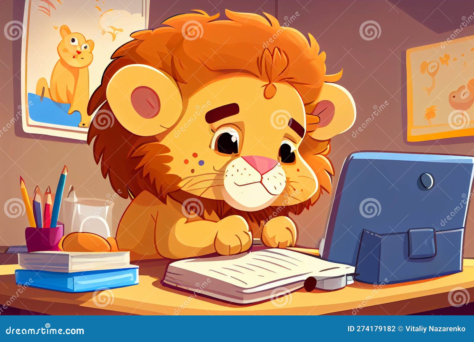 Cute Lion Cub Schoolboy Doing Homework. AI Generated Stock Illustration ...