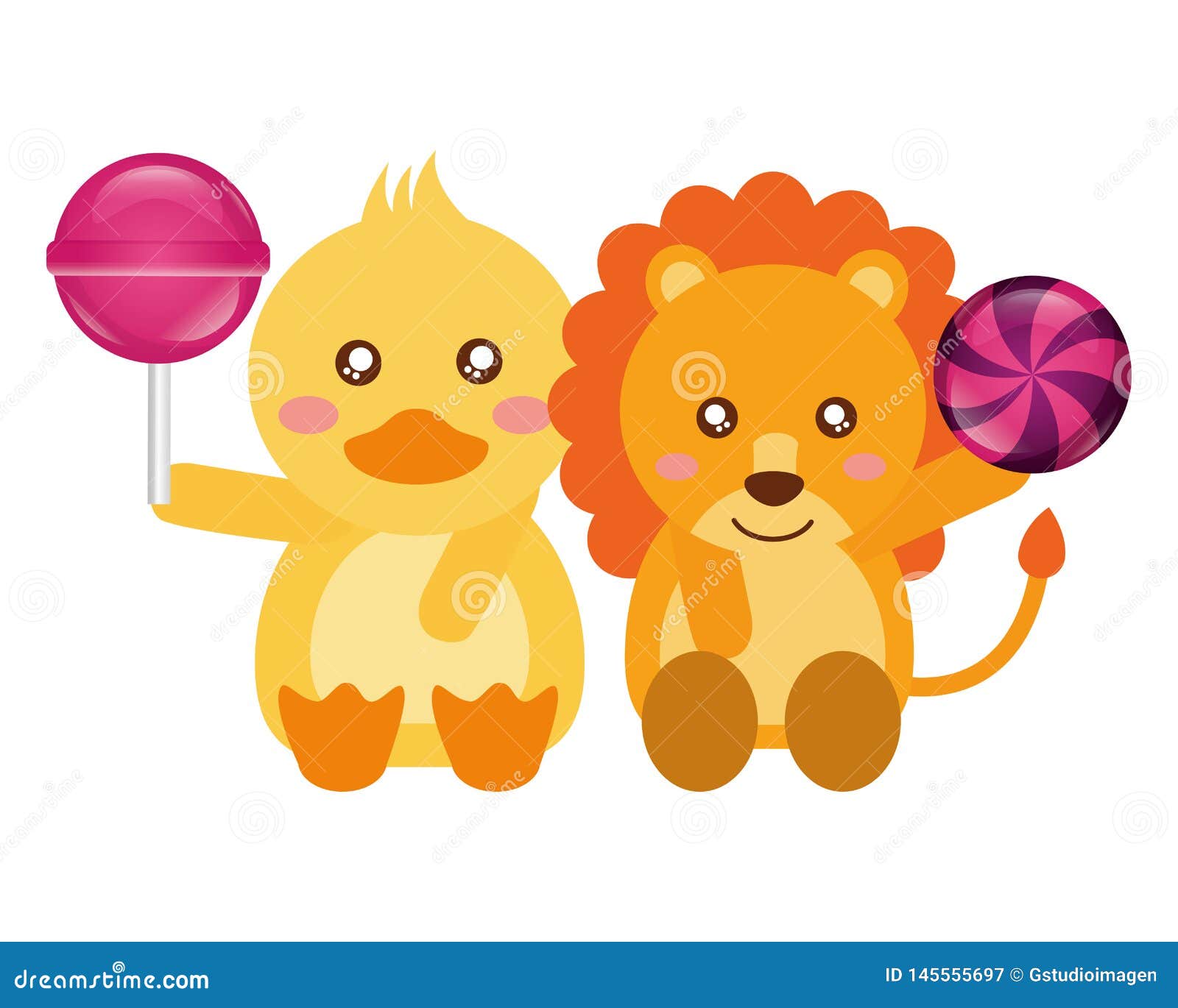 Cute Lion and Duck with Sweet Candies Stock Vector - Illustration of ...