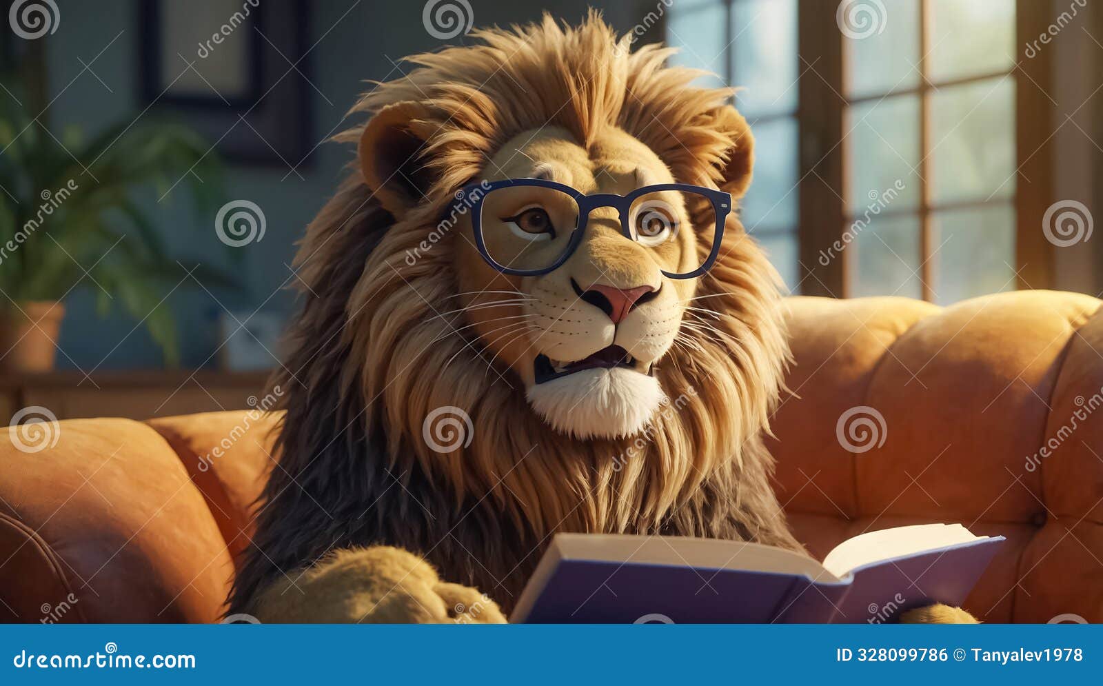 Cute Lion Reading Book at Home Learning Stock Illustration ...