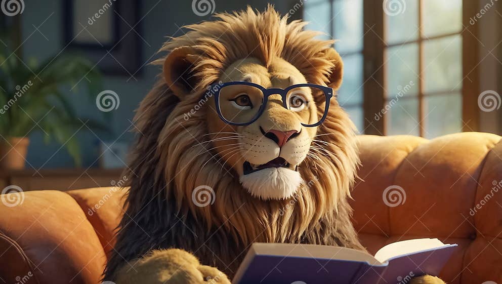 Cute Lion Reading Book at Home Learning Stock Illustration ...