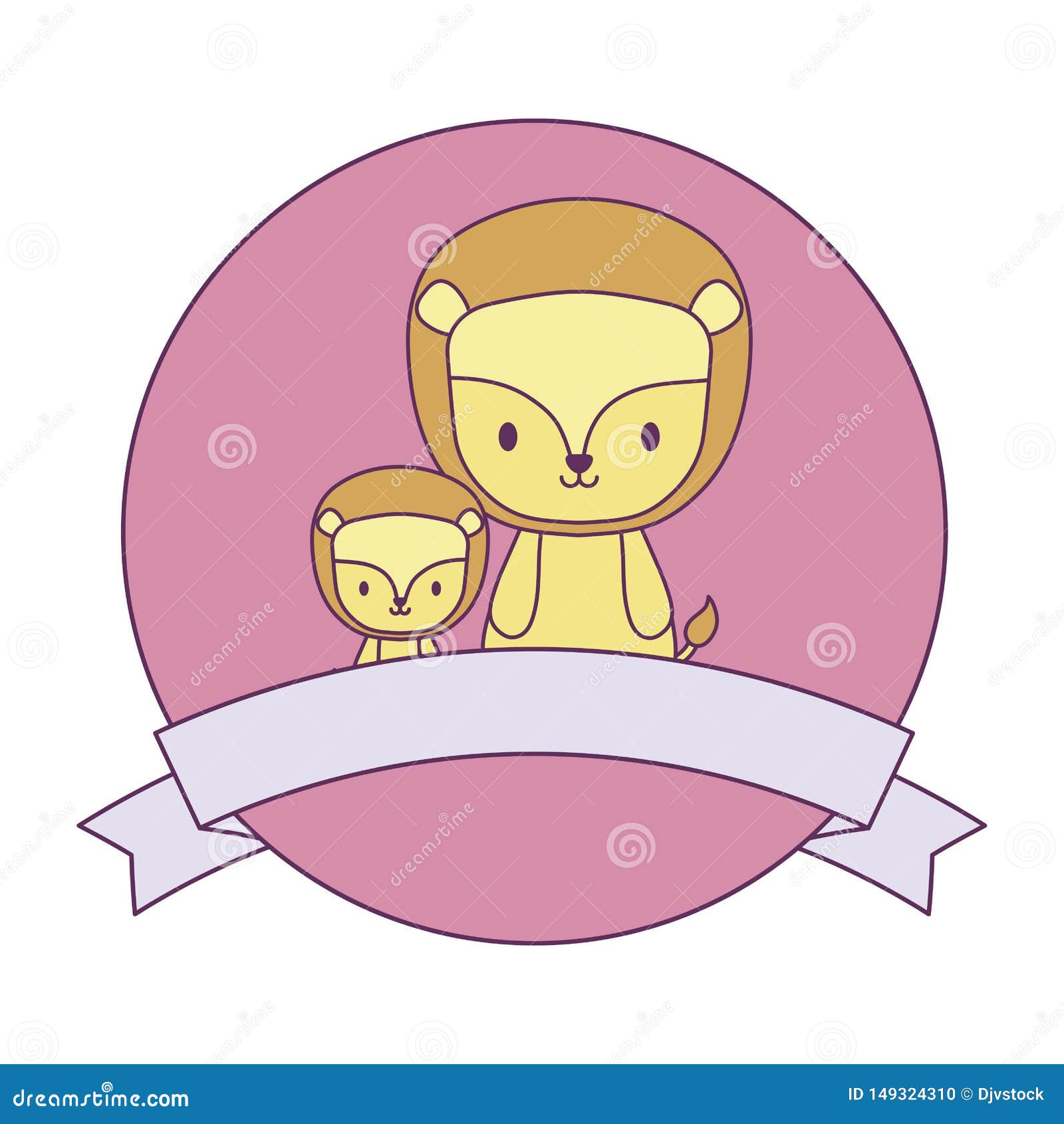 Cute Lions Animals in Frame Circular with Ribbon Stock Illustration ...