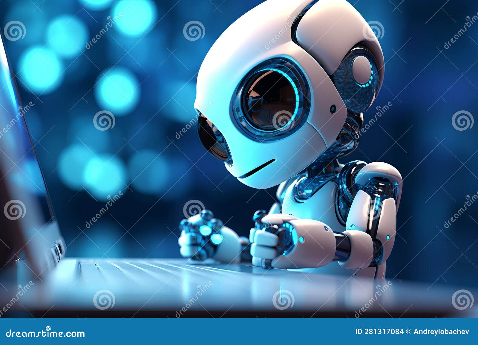 Cute Little Android Robot Works on a Laptop Stock Illustration ...
