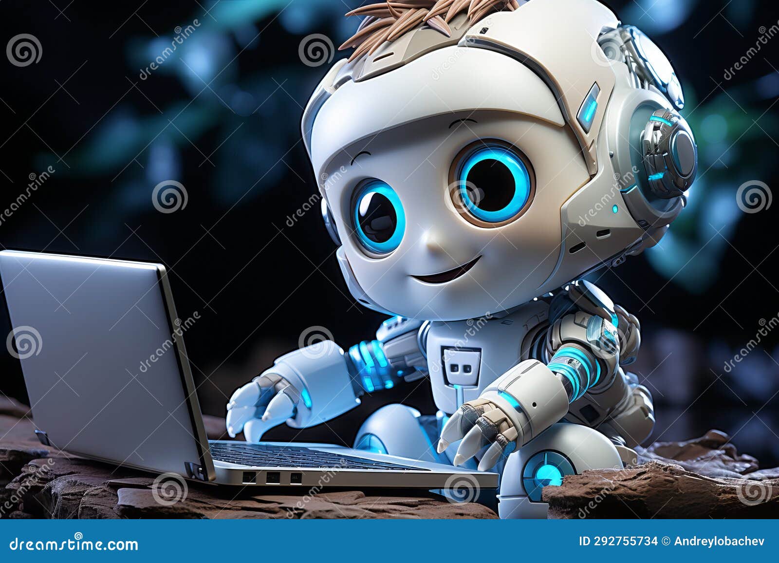 Cute Little Android Robot Works on a Laptop Stock Photo - Image of ...