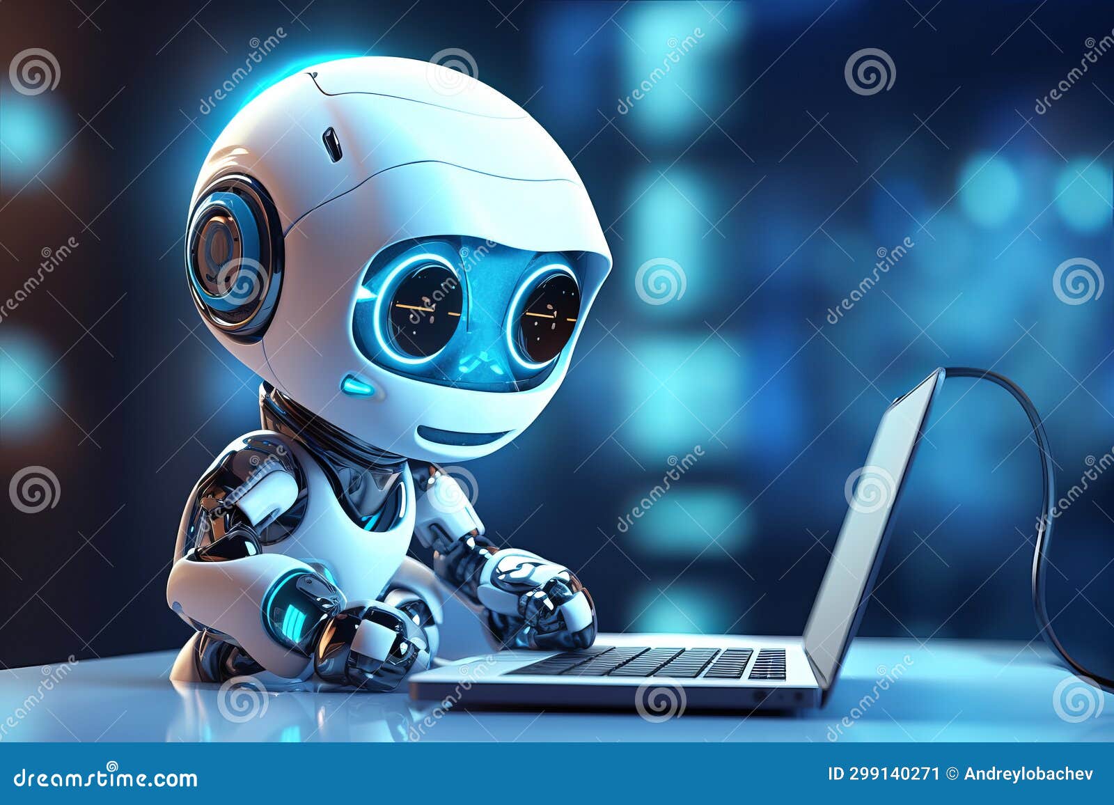 Cute Little Android Robot Works on a Laptop Stock Image - Image of ...