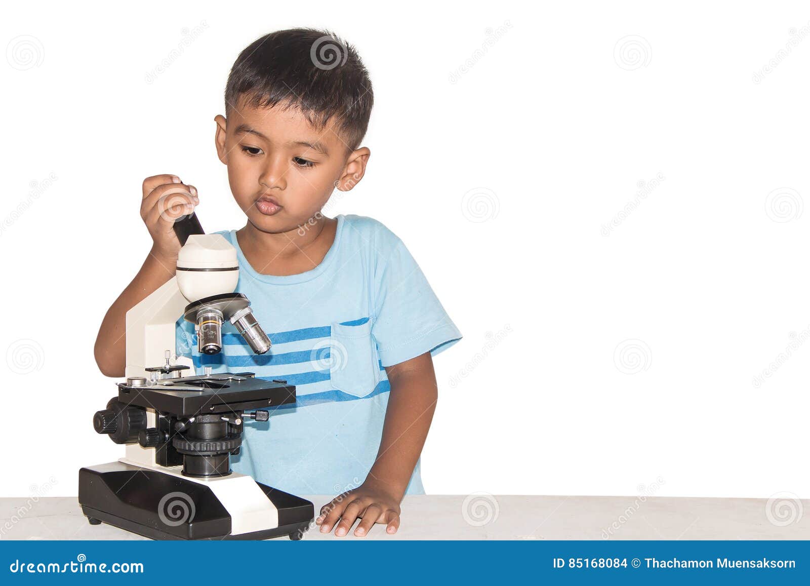 Cute Little Asian Boy and Microscope Stock Photo - Image of ...