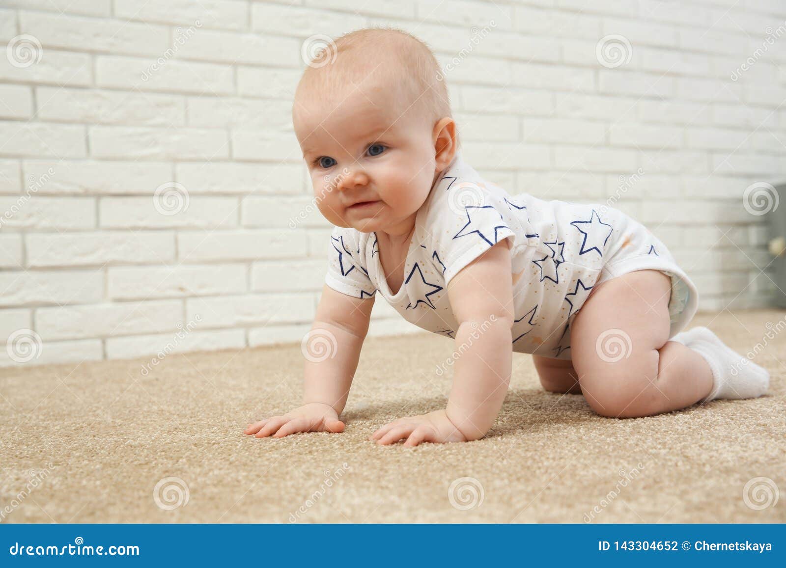 Cute Little Baby Crawling on Carpet Indoors Stock Photo - Image of ...