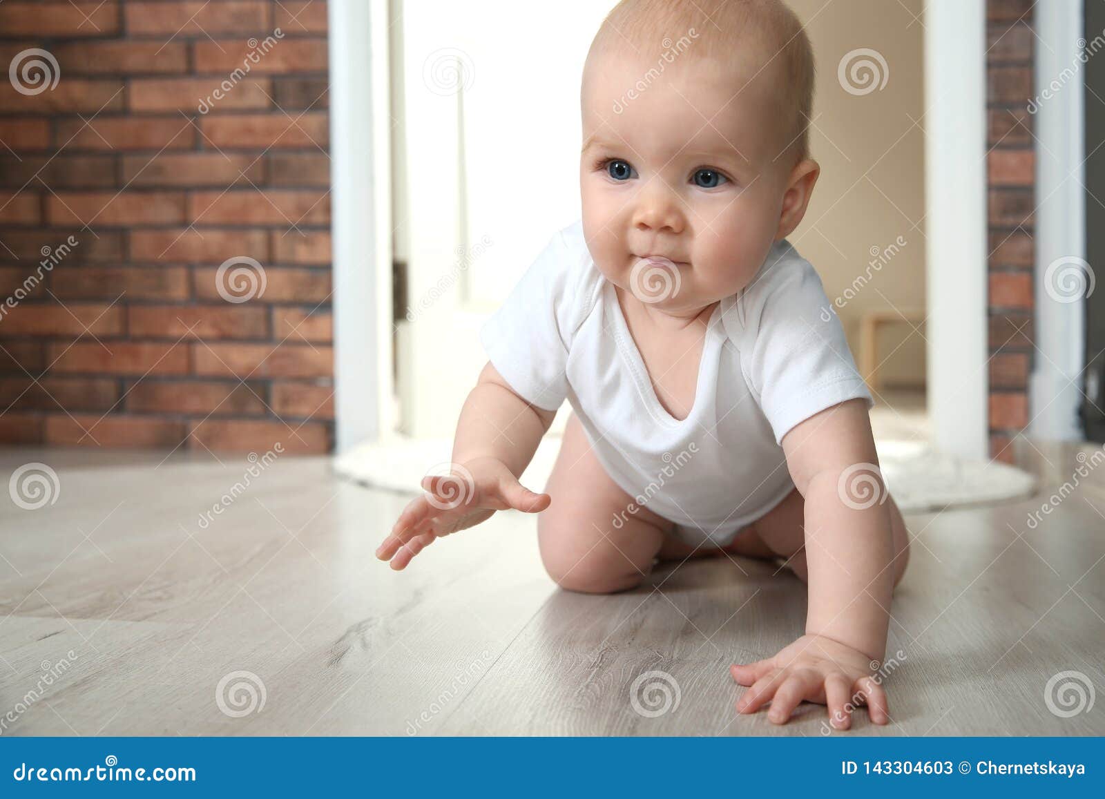 Cute Little Baby Crawling on Floor Indoors Stock Image - Image of home ...