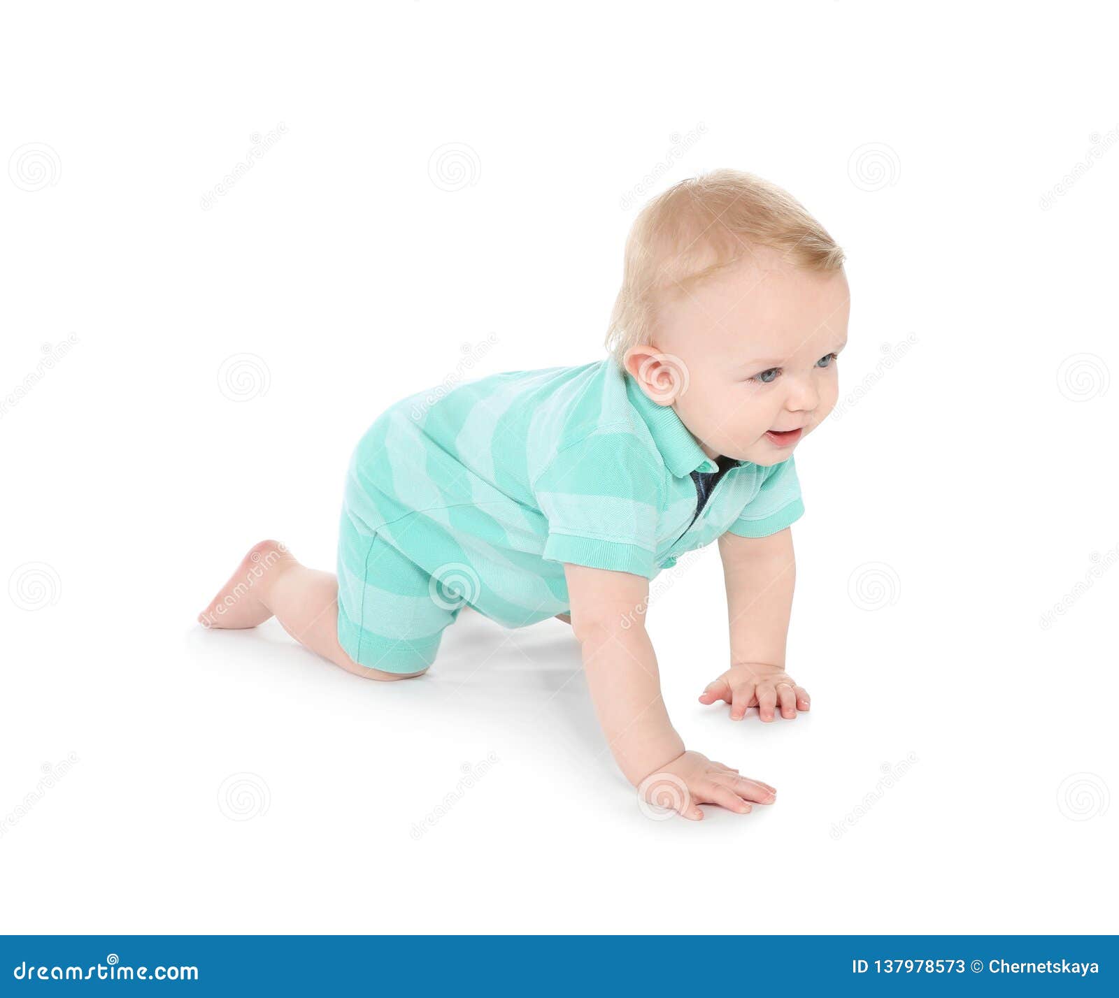 Cute Little Baby Crawling on White Stock Image - Image of happiness ...