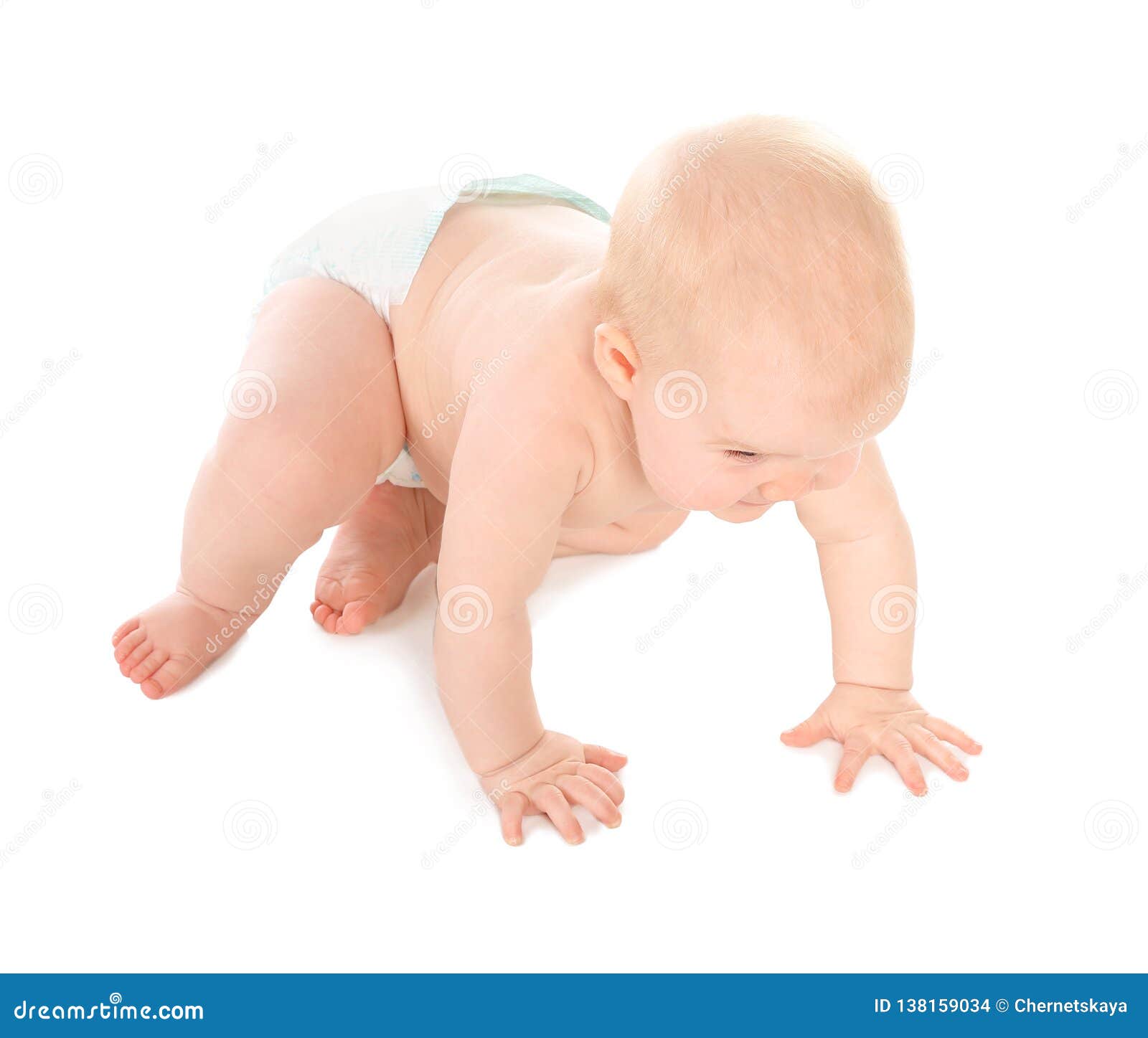 Cute Little Baby Crawling on White Stock Photo - Image of growth ...