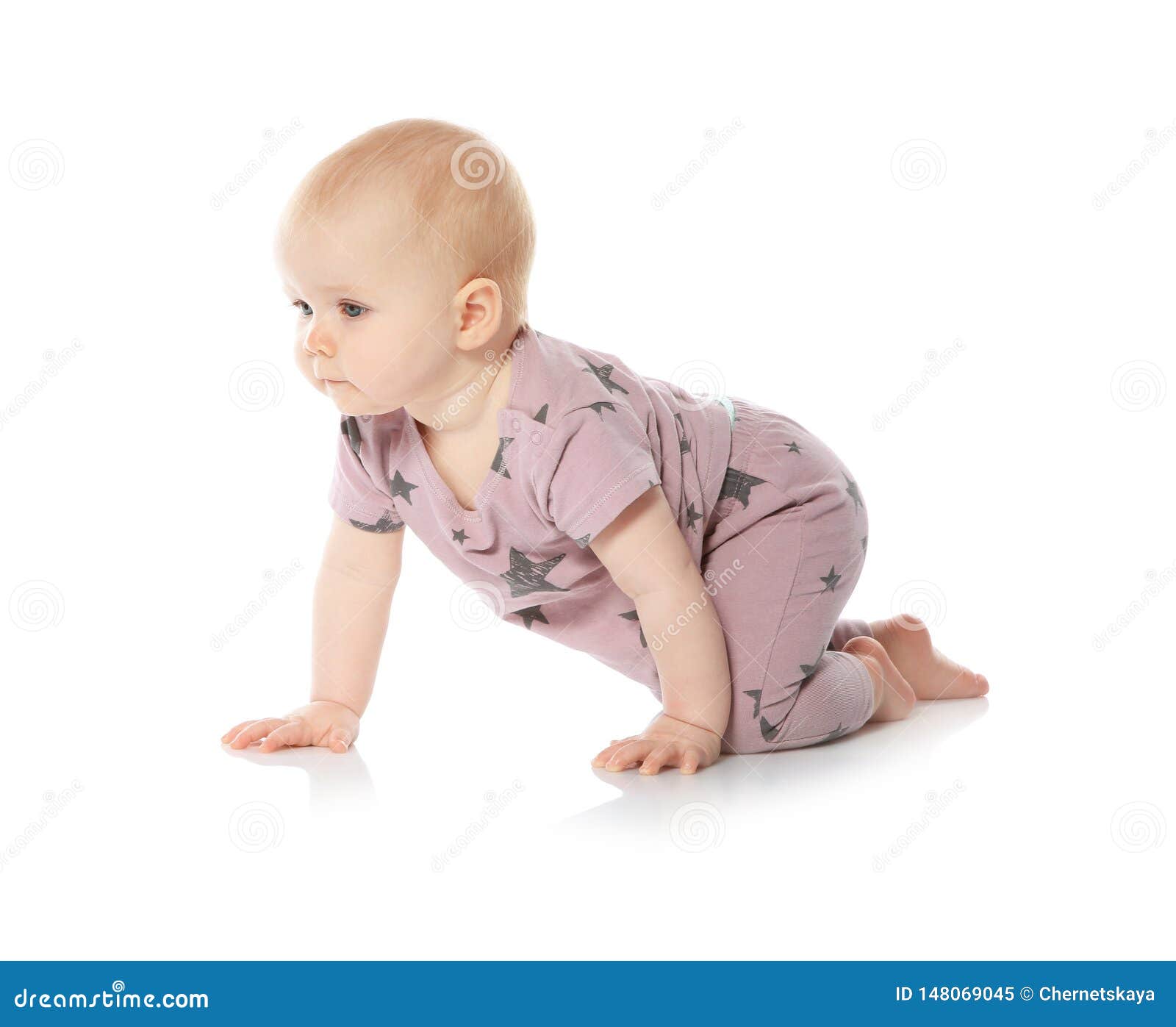 Cute Little Baby Crawling on White Stock Image - Image of child, care ...