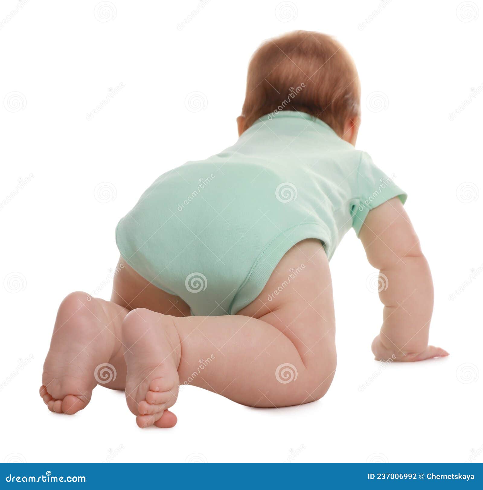 Cute Little Baby Crawling on White Background, Back View Stock Photo ...