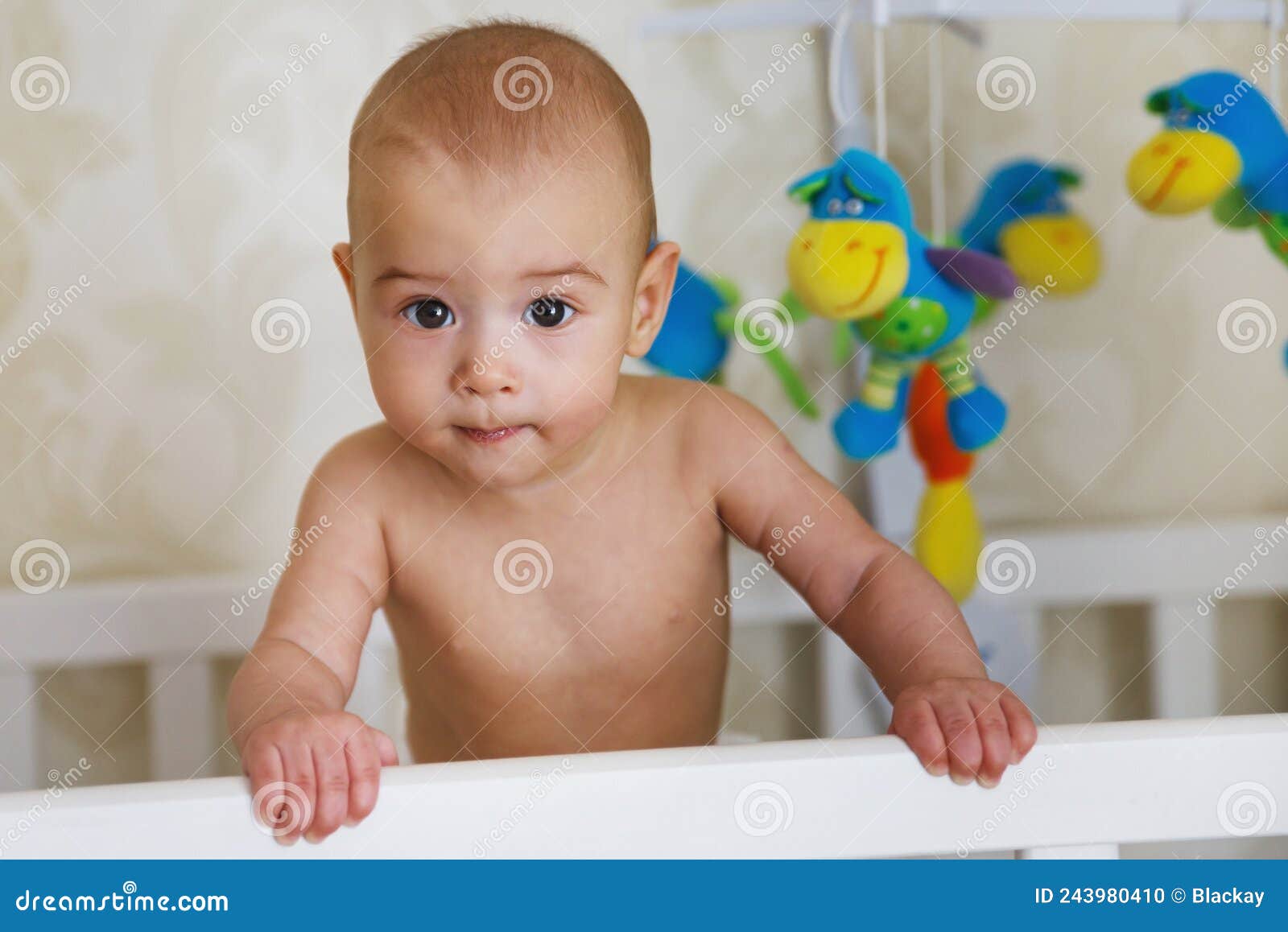 Cute Baby First Time Standing Up in His Cot Stock Photo - Image of ...